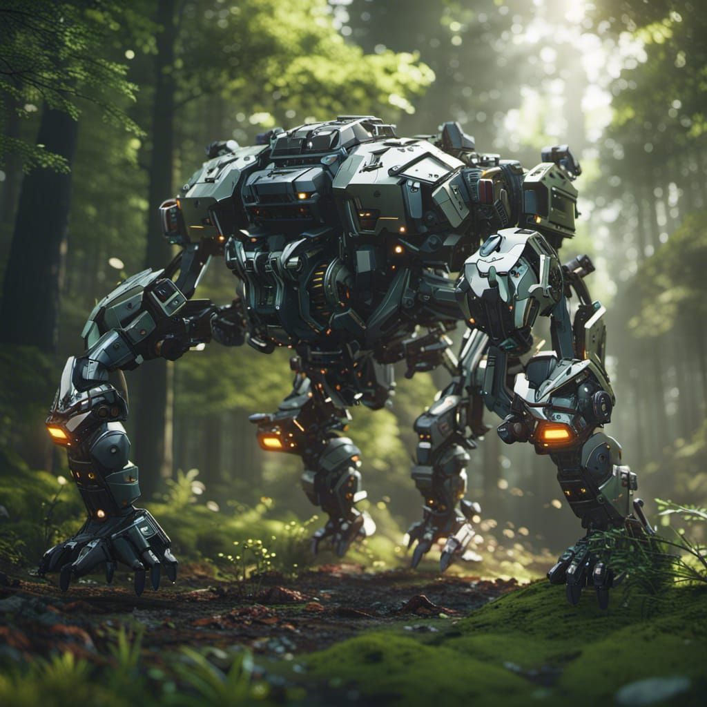 A powerful, brutish quadruped combat Mech advancing through a lush ...