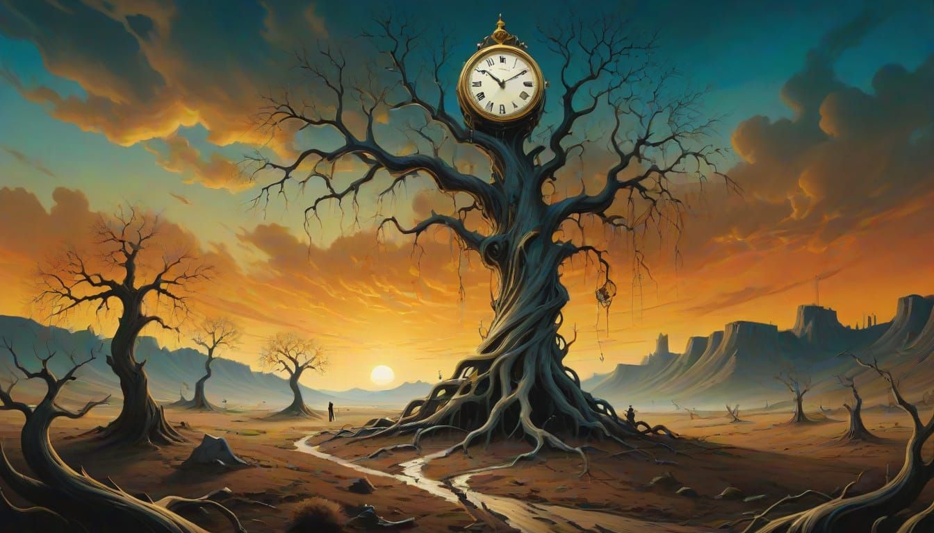 Surrealist Figure Confronts Melting Clock in a Dre... - AI Art