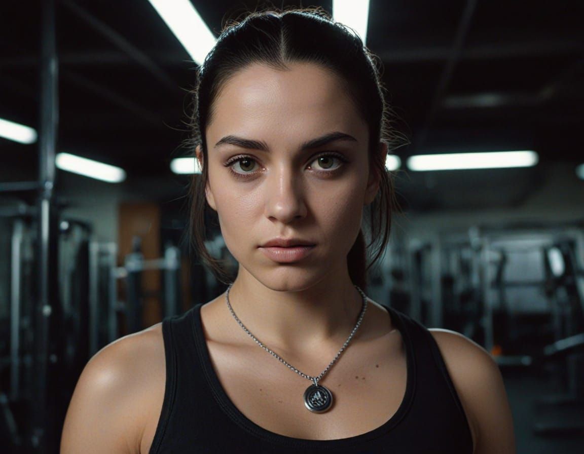 Young stocky female with long black hair tied back, dark hairy eyebrows ...