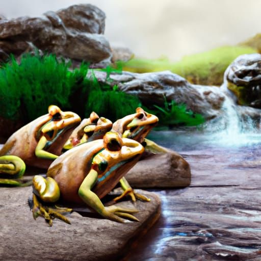 Hyper-realistic, photorealistic set of frogs facing, singing, jumping ...