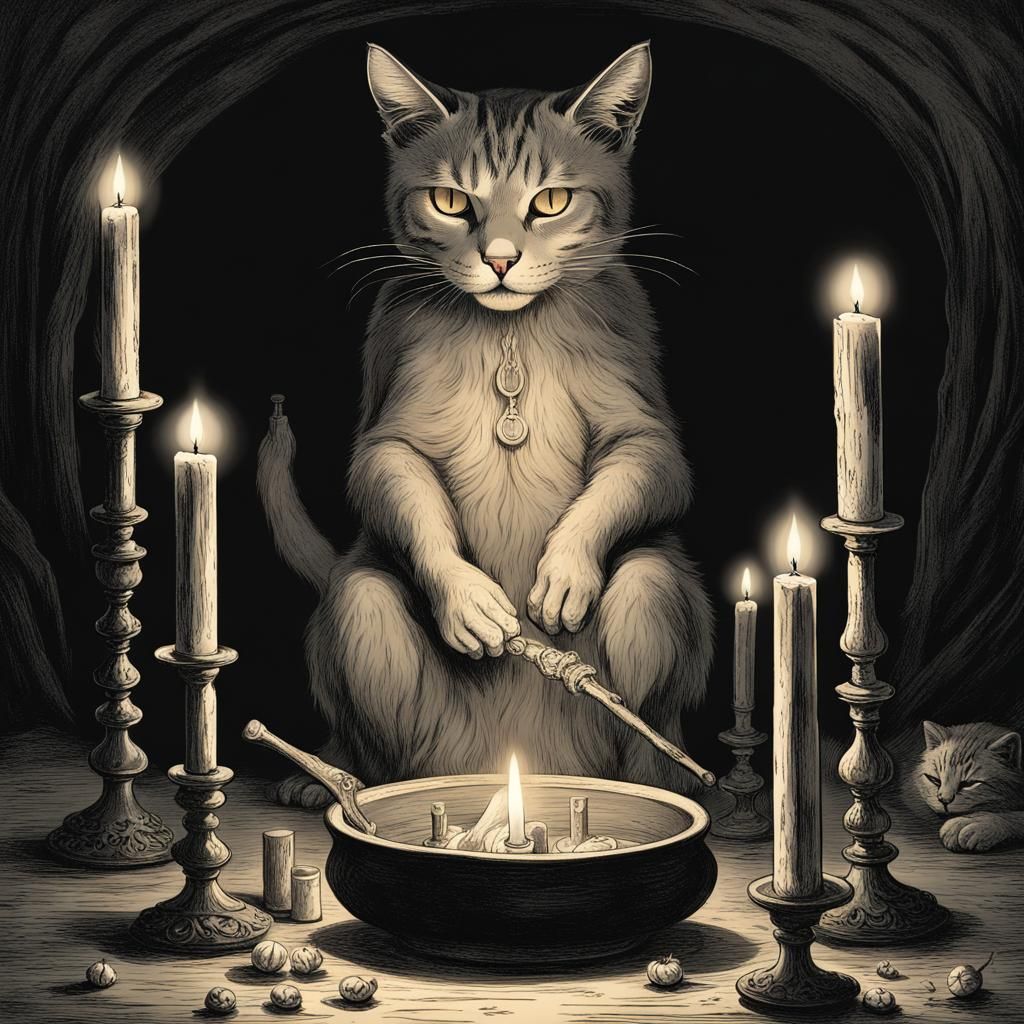 Cat holding Spiritual ritual with candles and spirits in Halloween ...