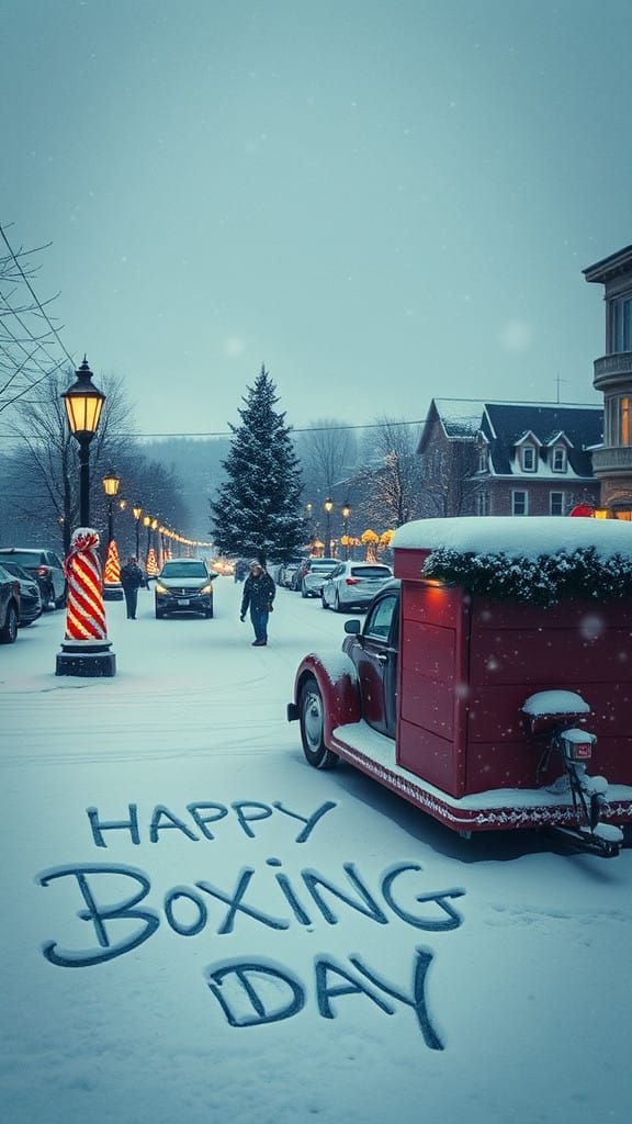 Joyful Boxing Day Message in Snowy Landscape - AI Art