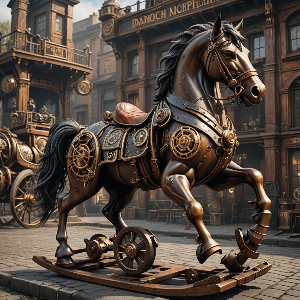 Steampunk mechanized rocking horse hyper realistic - AI Generated ...
