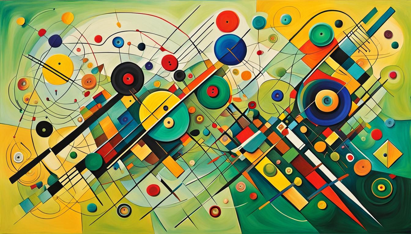 A dynamic abstract painting in the style of Kandinsky, with vibrant ...
