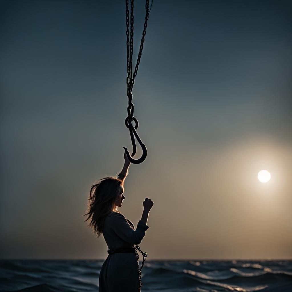 Lady on massive fishhook being lifted by chain from rough seas Full ...