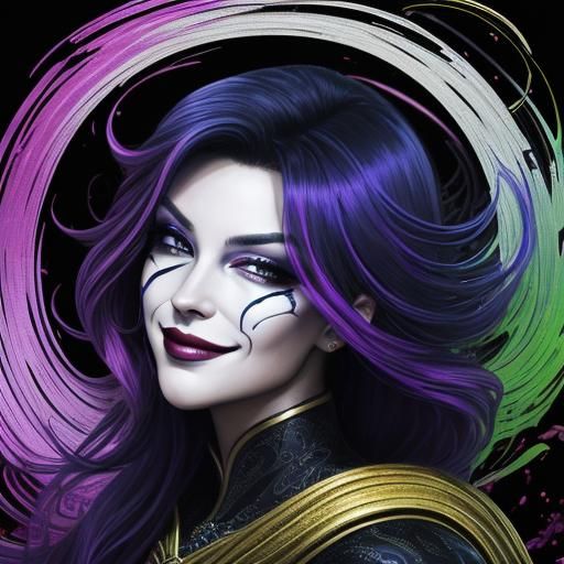 brusque confidence, (Metallic flowing colors), (Devious ravishing smirk ...