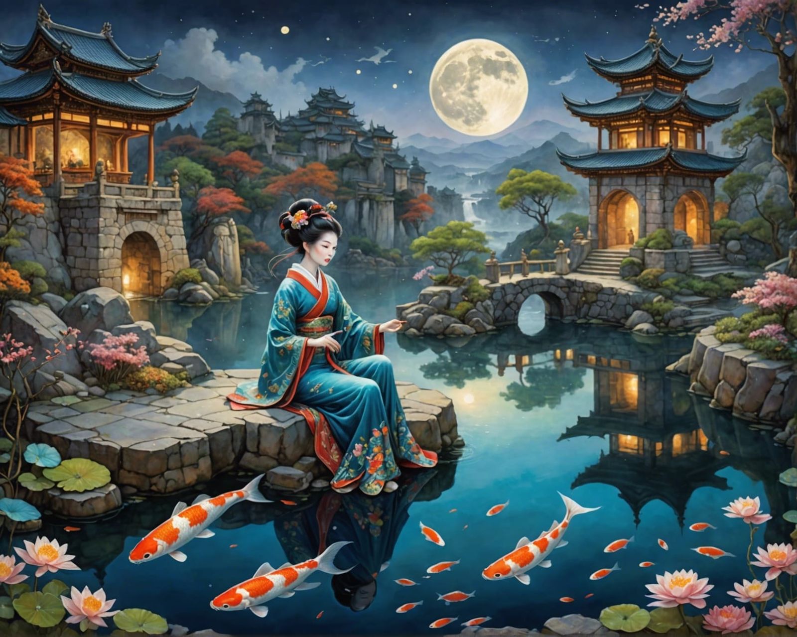 Geisha Feeding Koi Fish - AI Generated Artwork - NightCafe Creator