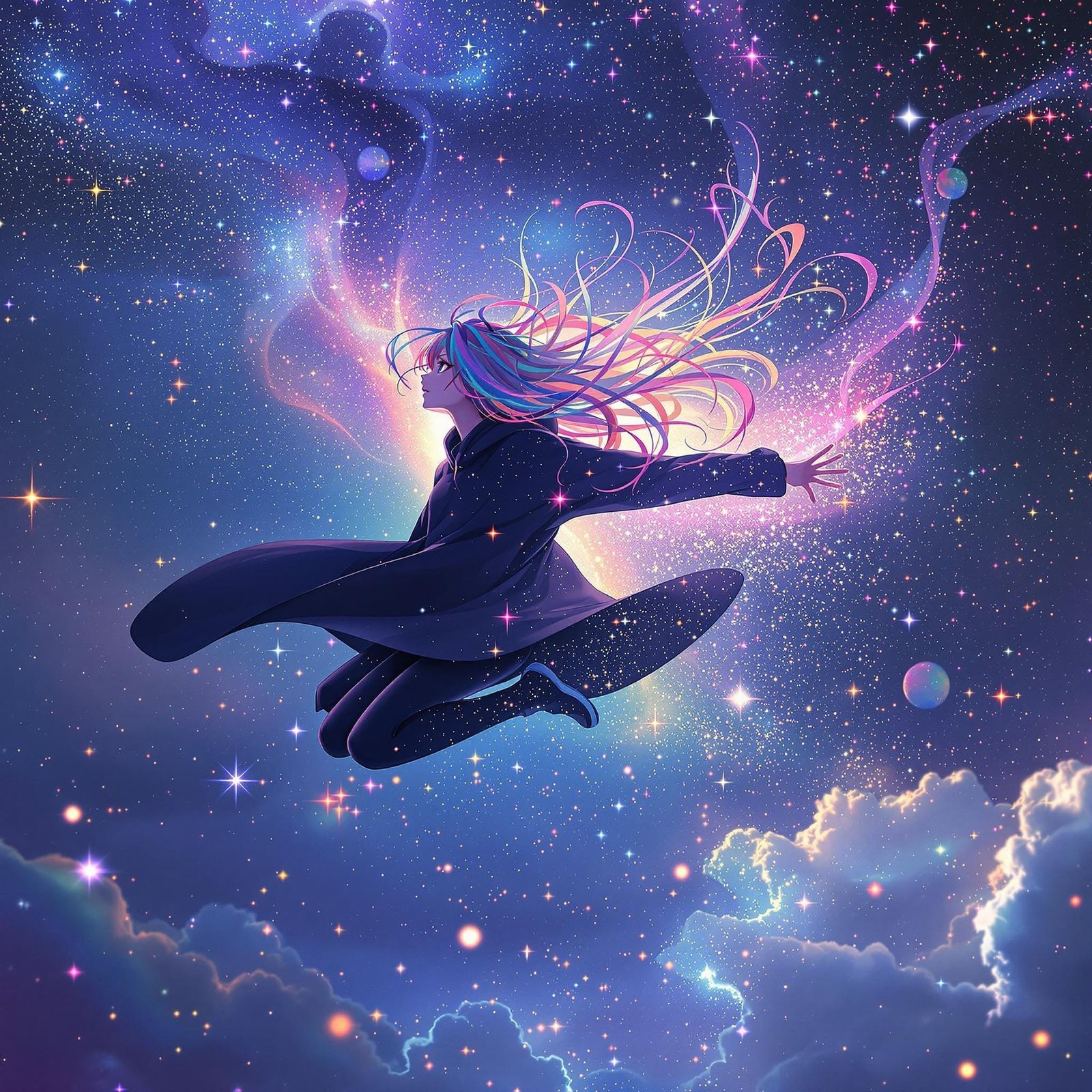 Shot of shadowy girl becoming one with space with rainbow hair