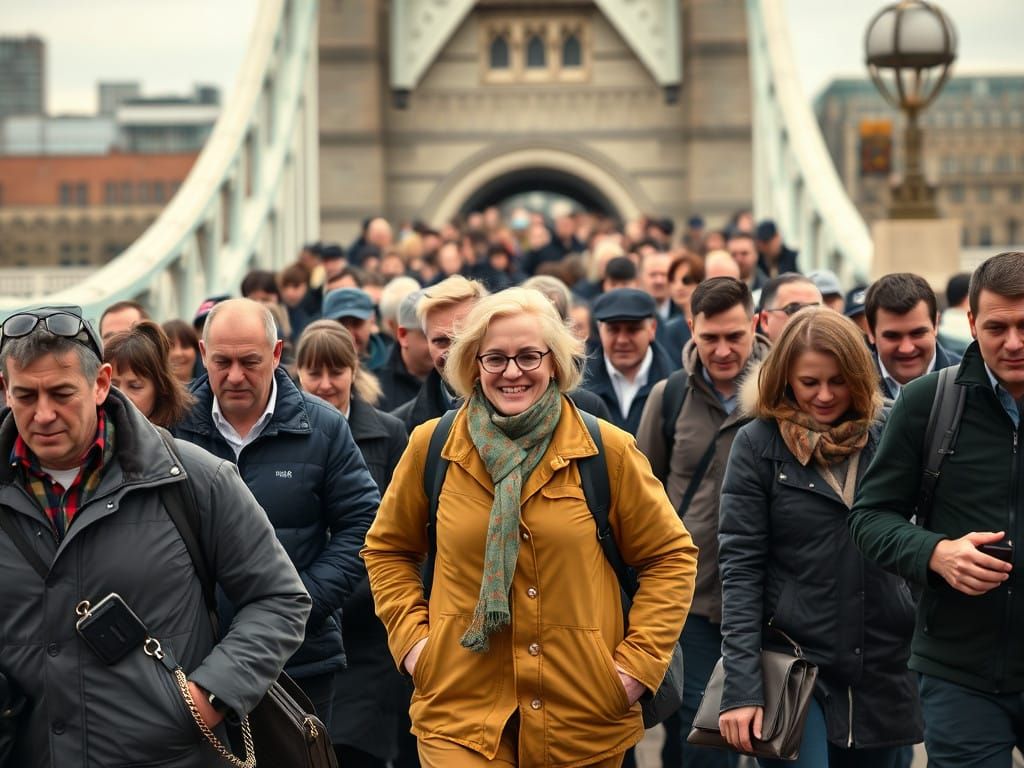 A crowd of commuters is walking across London Bridge. Most are dressed ...