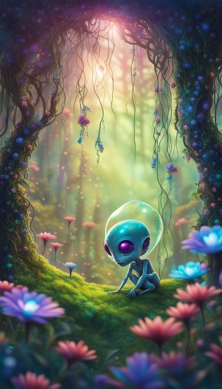 Tiny creature looking through the grass of a mystical alien forest rich ...