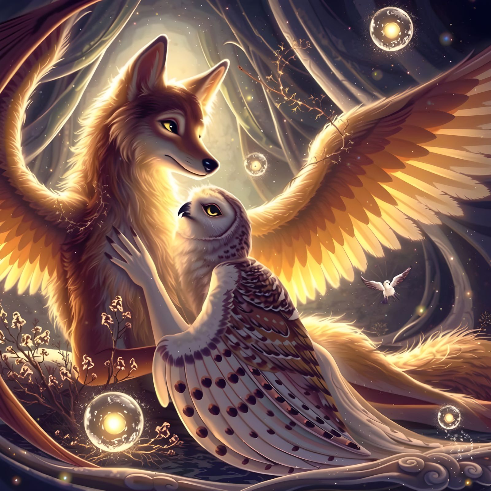 Love knows no limits XIII - Winged Wolf and Snow Owl in Magi...