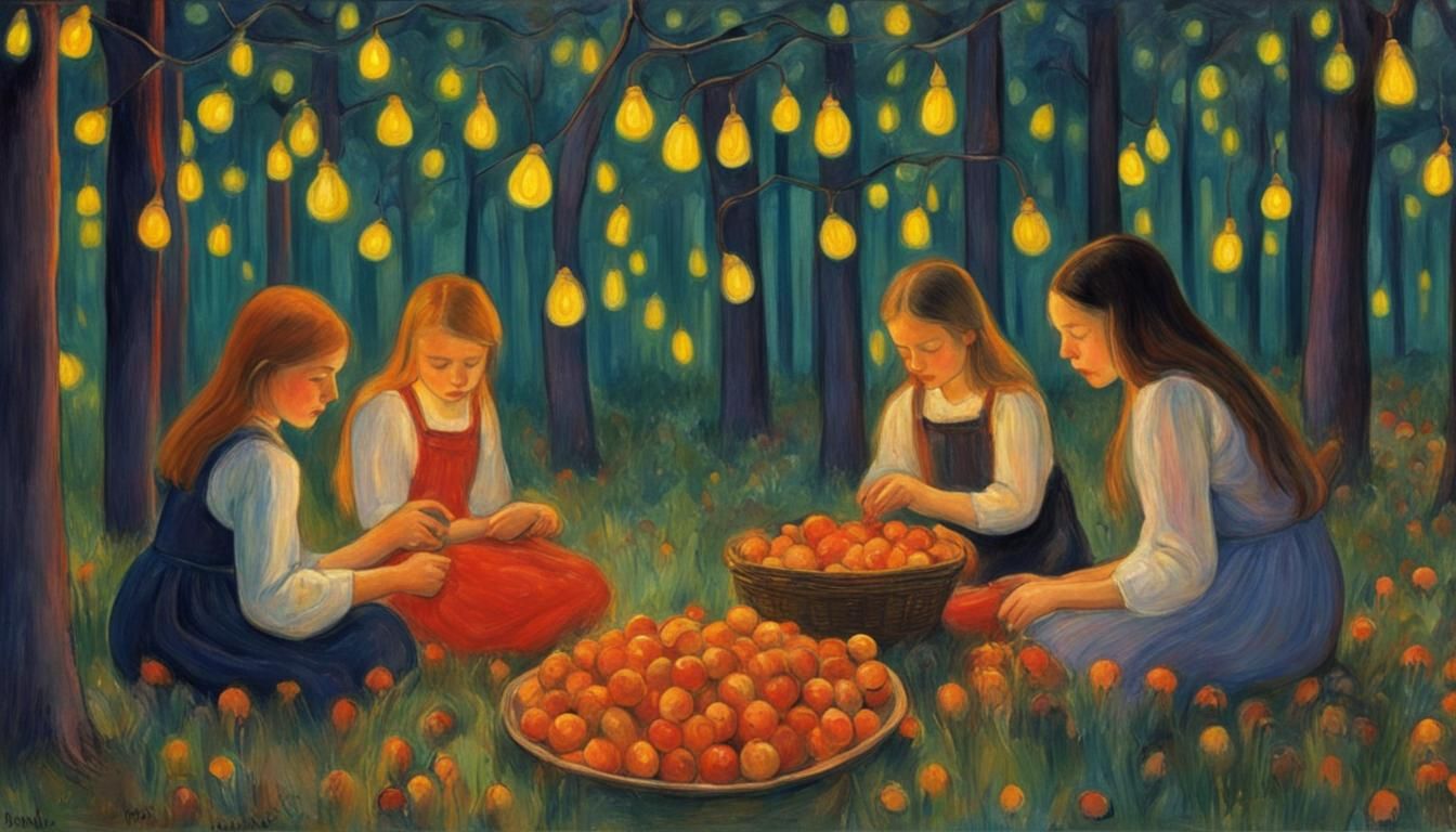 multiple girls eating the fall harvest in the woods. fireflies are ...