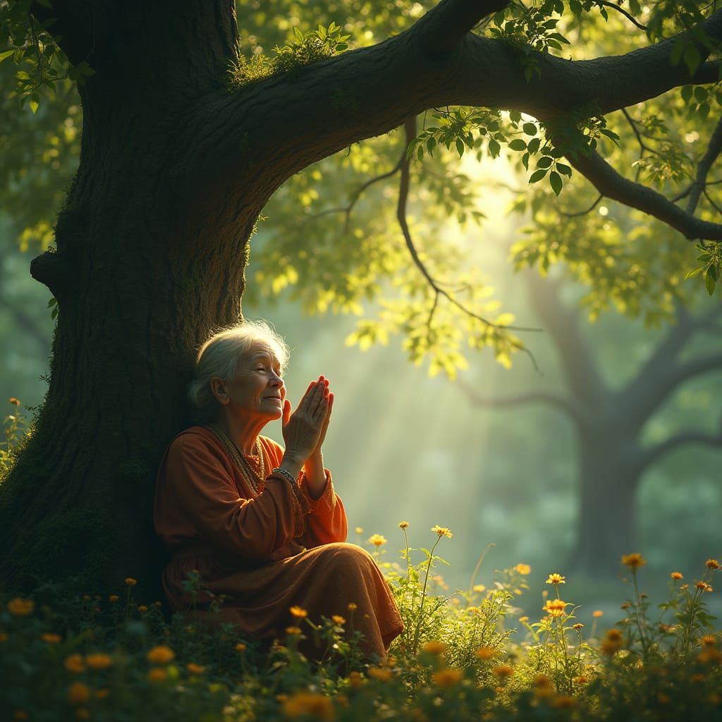 Elderly Woman Blesses Gudia Under Ancient Tree - AI Art