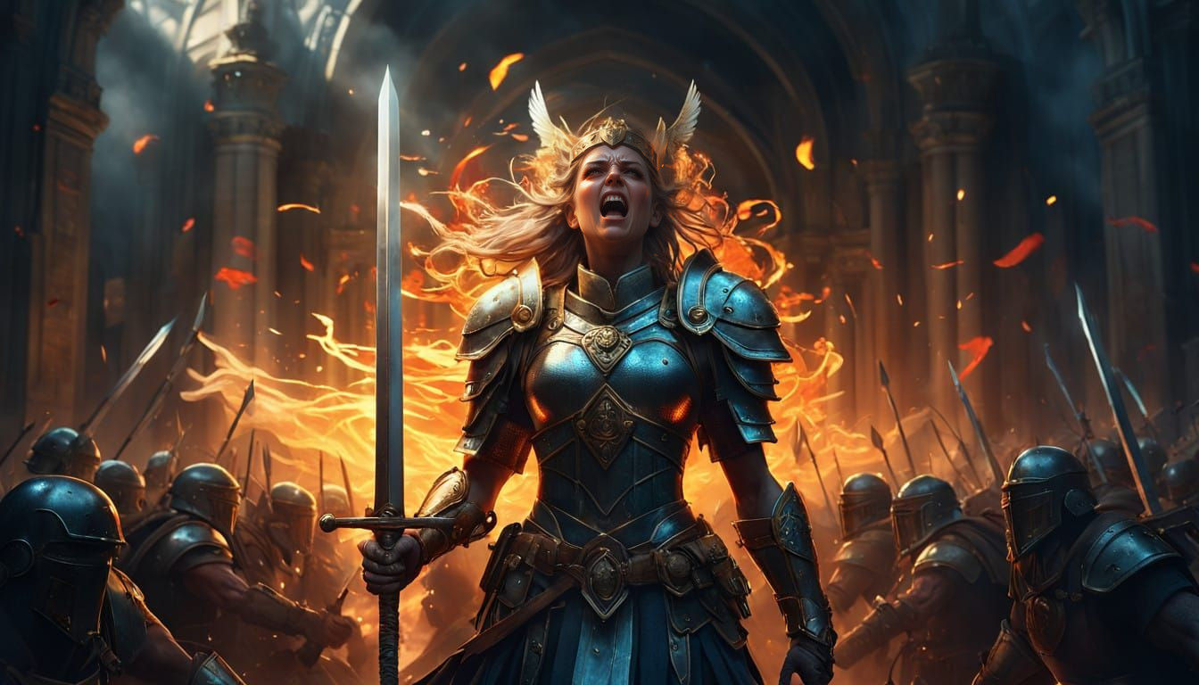 Valkyrie in a war, she is in the middle of the battle