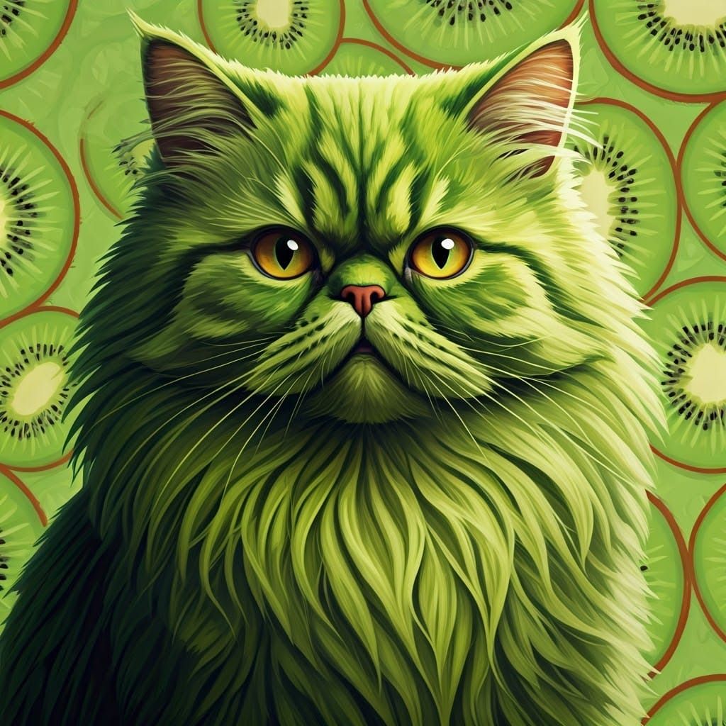 The Kiwi Fruit Cat - Fuzzy Kiwi Cat in Dreamy, Folk-Art Land...