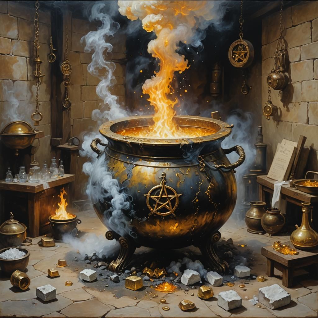 Cauldron with a pentacle on the front, full of bubbling molten gold and ...