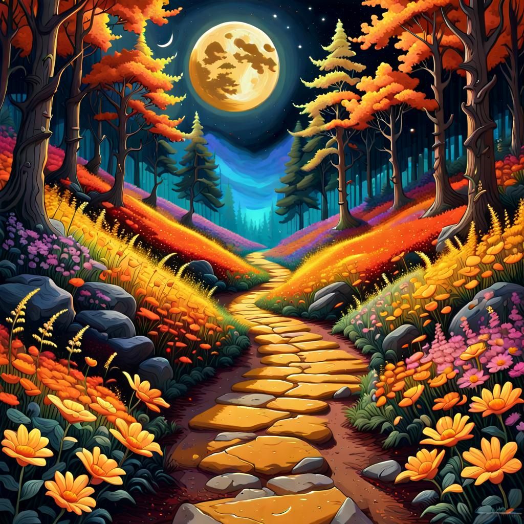 A painting of a glowing golden yellow pathway through a field of ...