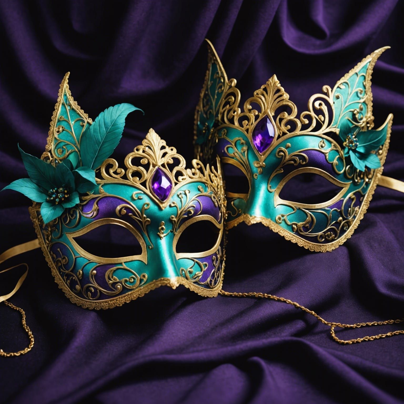 Purple and teal Thalia + Melpomene holographic masks with gold filigree ...