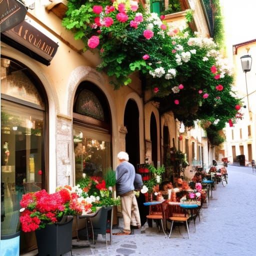 Italian cozy sidewalk Cafe with bright colored flowers - AI Generated ...