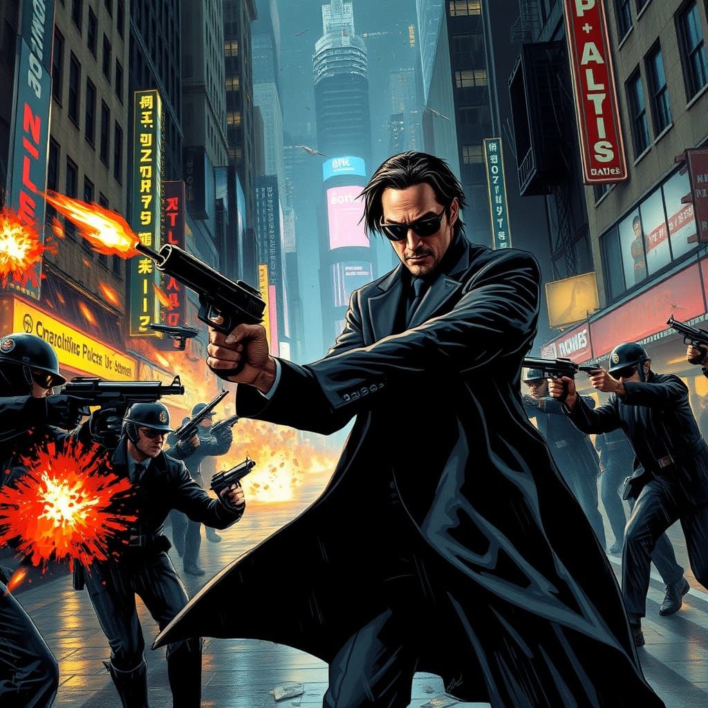 Matrix Fighter Battles Men in Black in a Neon-Lit ... - AI Art