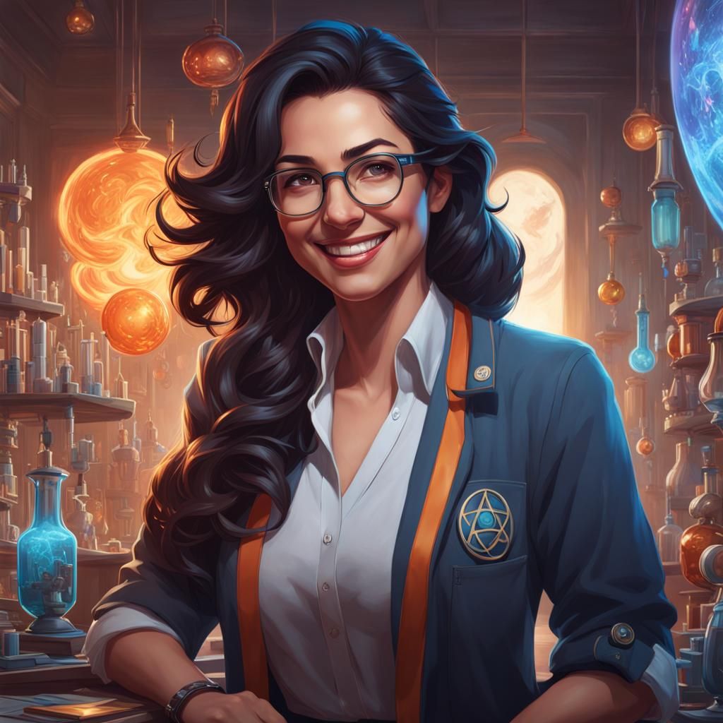 Portrait of a young scientist with a big smile, dark hair, and glasses ...