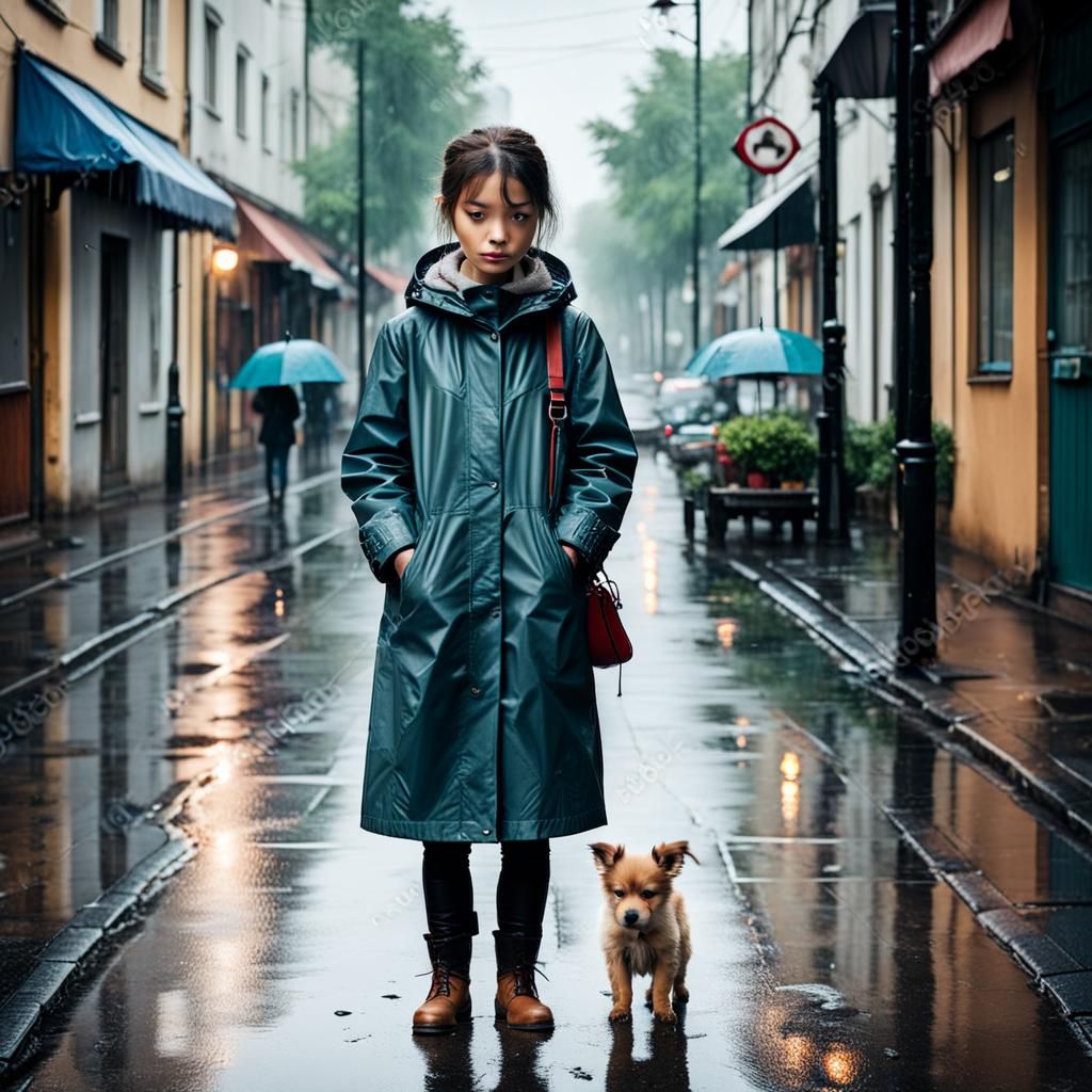 walking together - Woman and Puppy Stand Together on Rainy S...