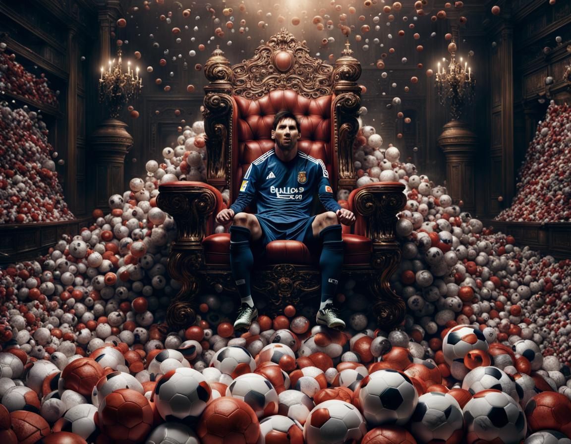 Lionel Messi on a throne of soccer balls - AI Generated Artwork ...