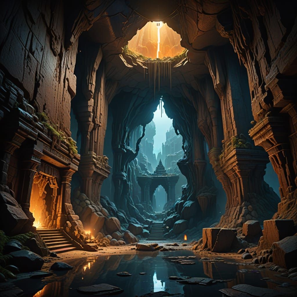 Mystical Inverted Pyramid Amidst Ochre Slime Drenc... - AI Art