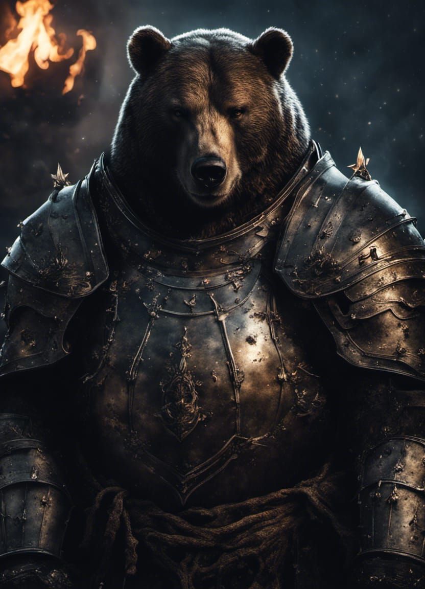 Photograph Portrait of obese armored Bear Dark Knight wearing black ...