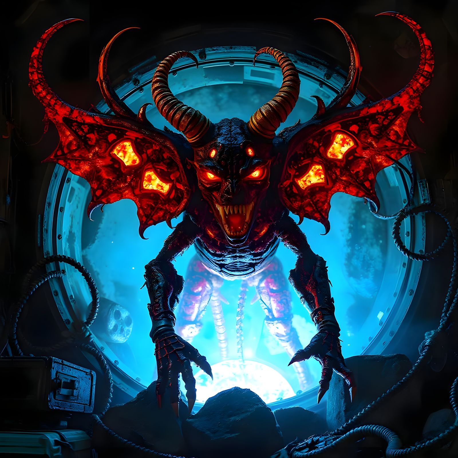 Cyberpunk Demon Emerges from Bioluminescent Portal - AI Art