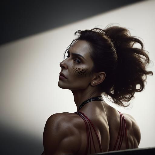 Beautiful female 60 years old bodybuilder from behind, arms raised ...