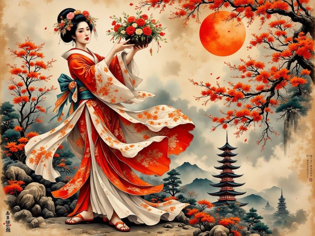 A majestic Geisha stands resolute, her traditional attire and serene ...