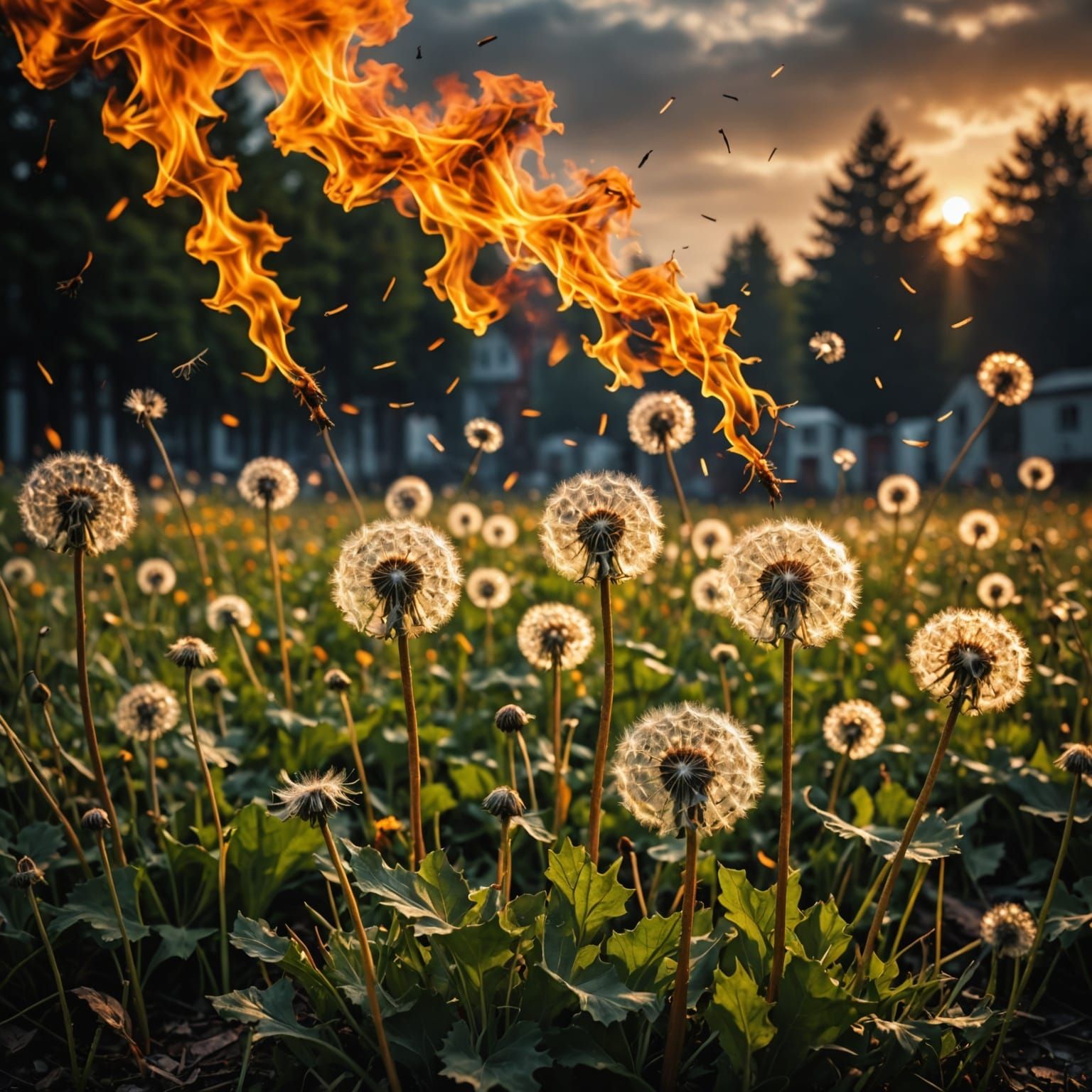 Dandelions on fire falling from the sky