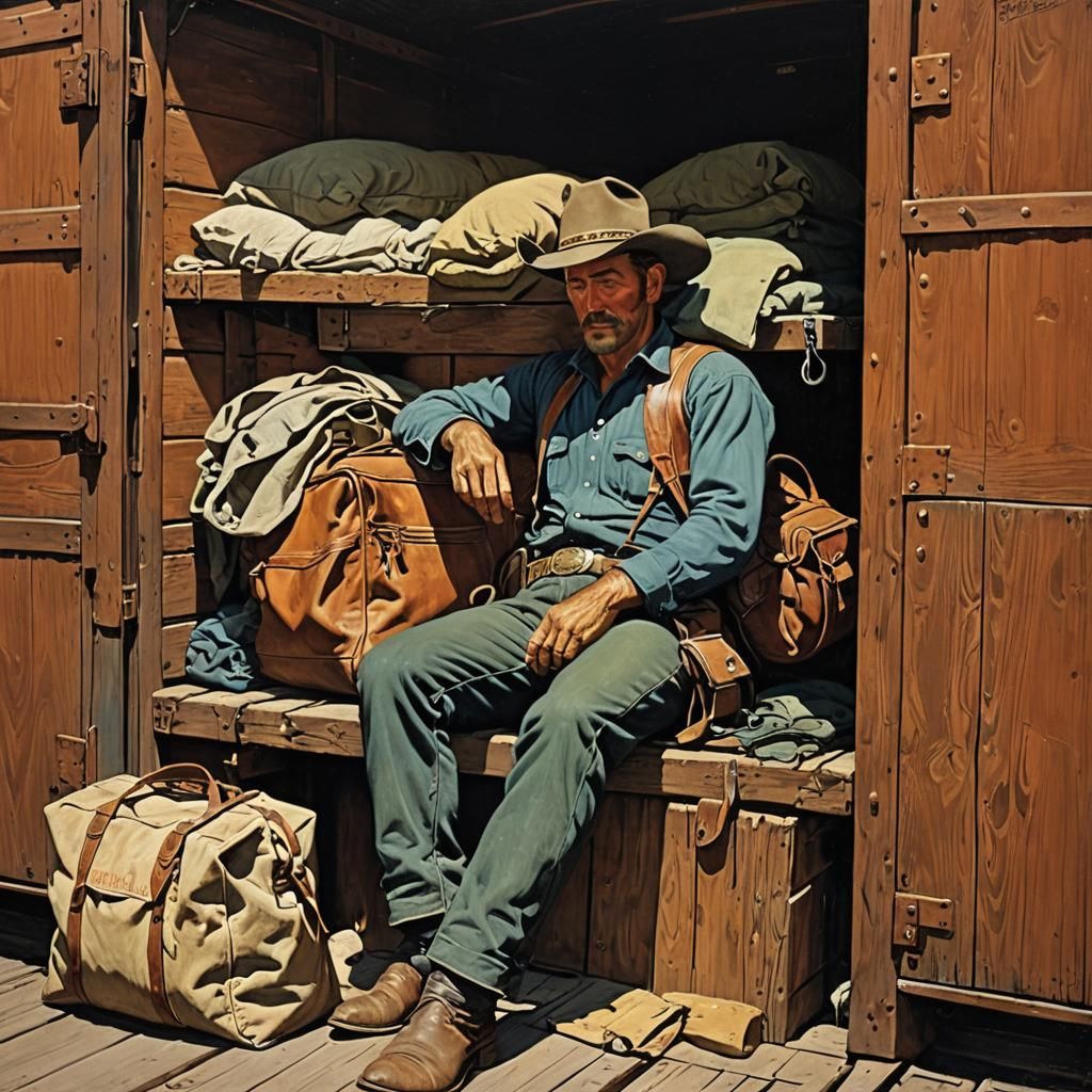 A cowboy with a duffle bag sleeping in a boxcar. Frederick Remington ...