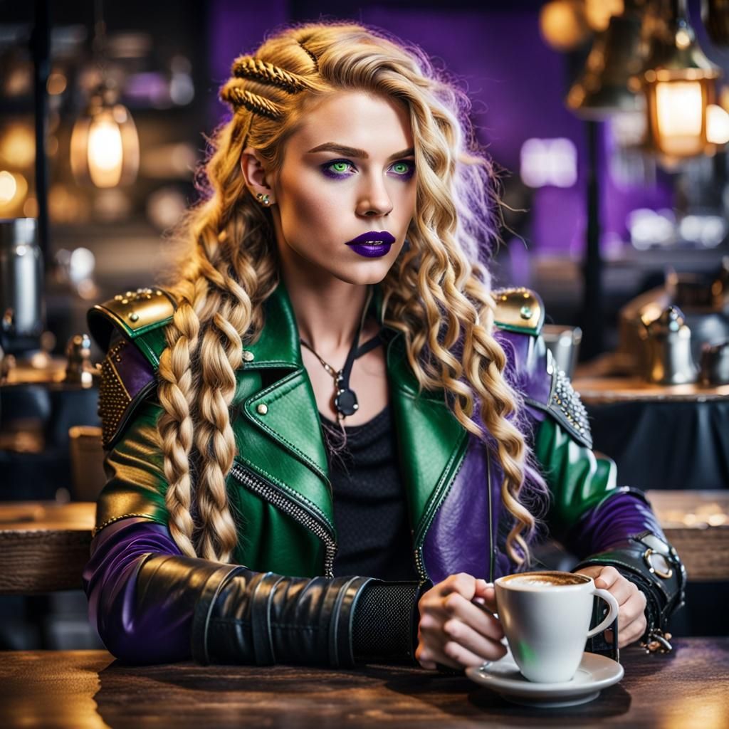 Valkyrie with Viking features, wavy golden hair that has purple strands ...