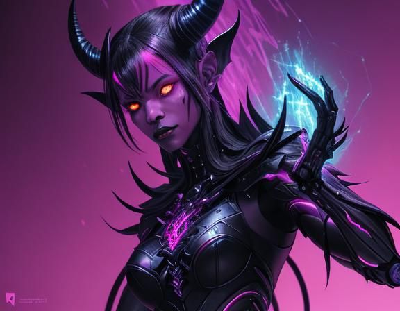 A black horned looking cybernetic female vampire massive monster with ...