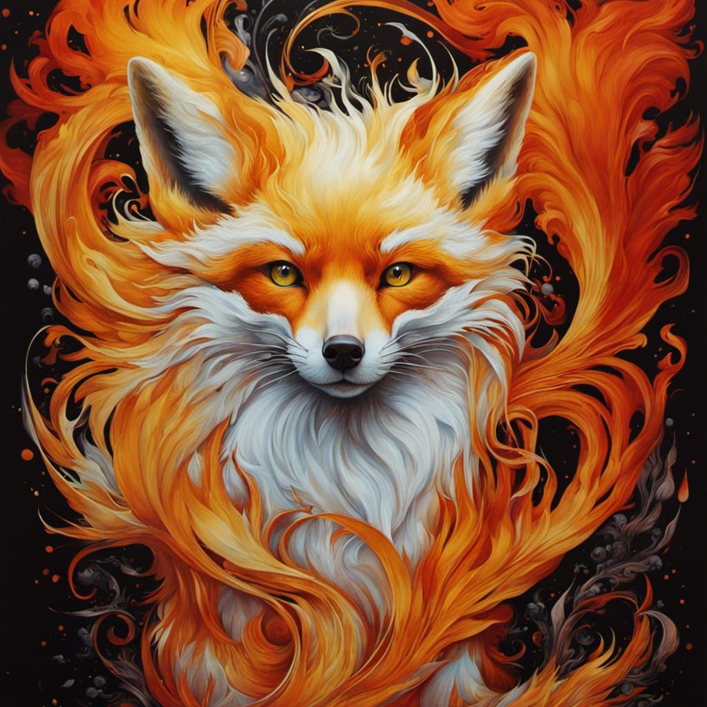 “portrait of beautiful detailed mythical fire fox!!!!!!!, calligraphy ...