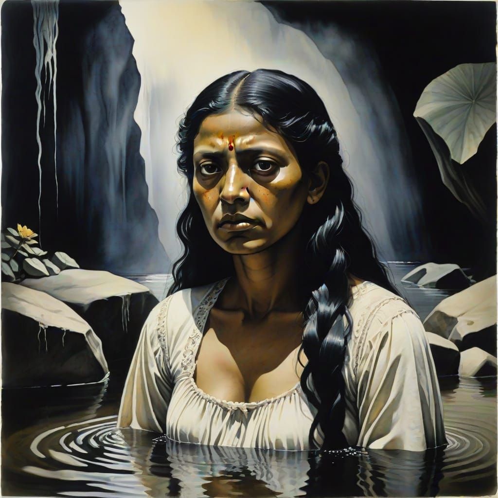 La Llorona, river, emotional, shadowed lighting, Aquarelle, Diego Rivera, Graciela Iturbide ...