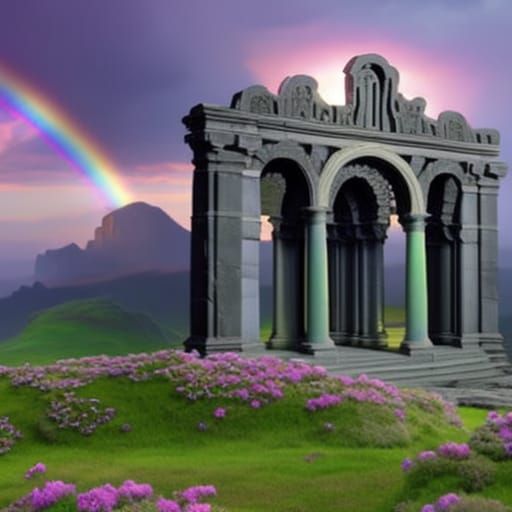 Stained glass, Ruins of a beautiful ancient celtic temple, rainbows ...