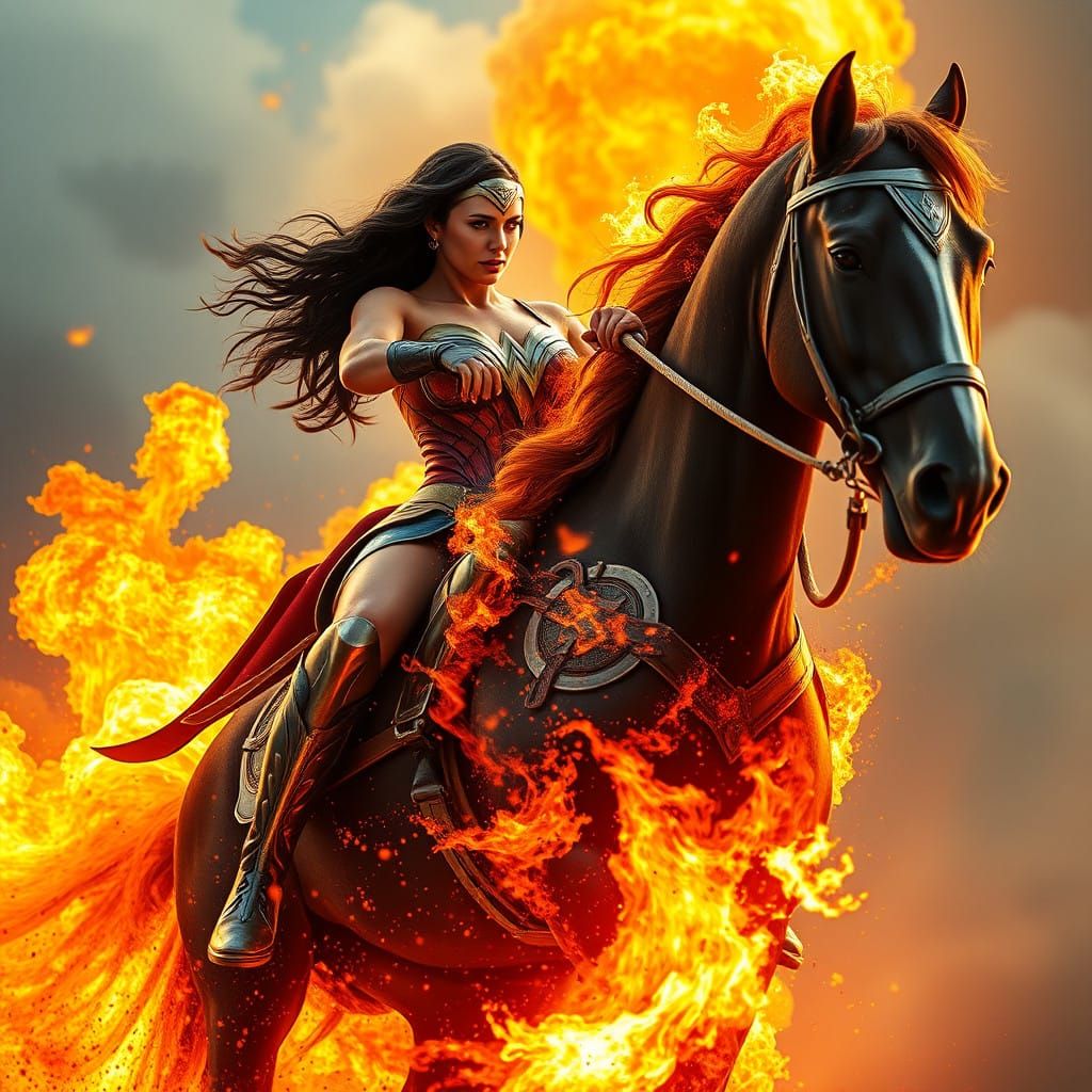 Wonder Woman Rides a Blaze of Fire - AI Art