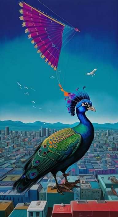 Goya peacock shaped kite flying high above the city graffiti art, , oil ...