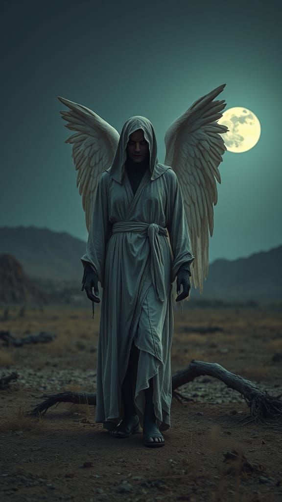 Ethereal Angel in Desolate 35mm Film Landscape - AI Art