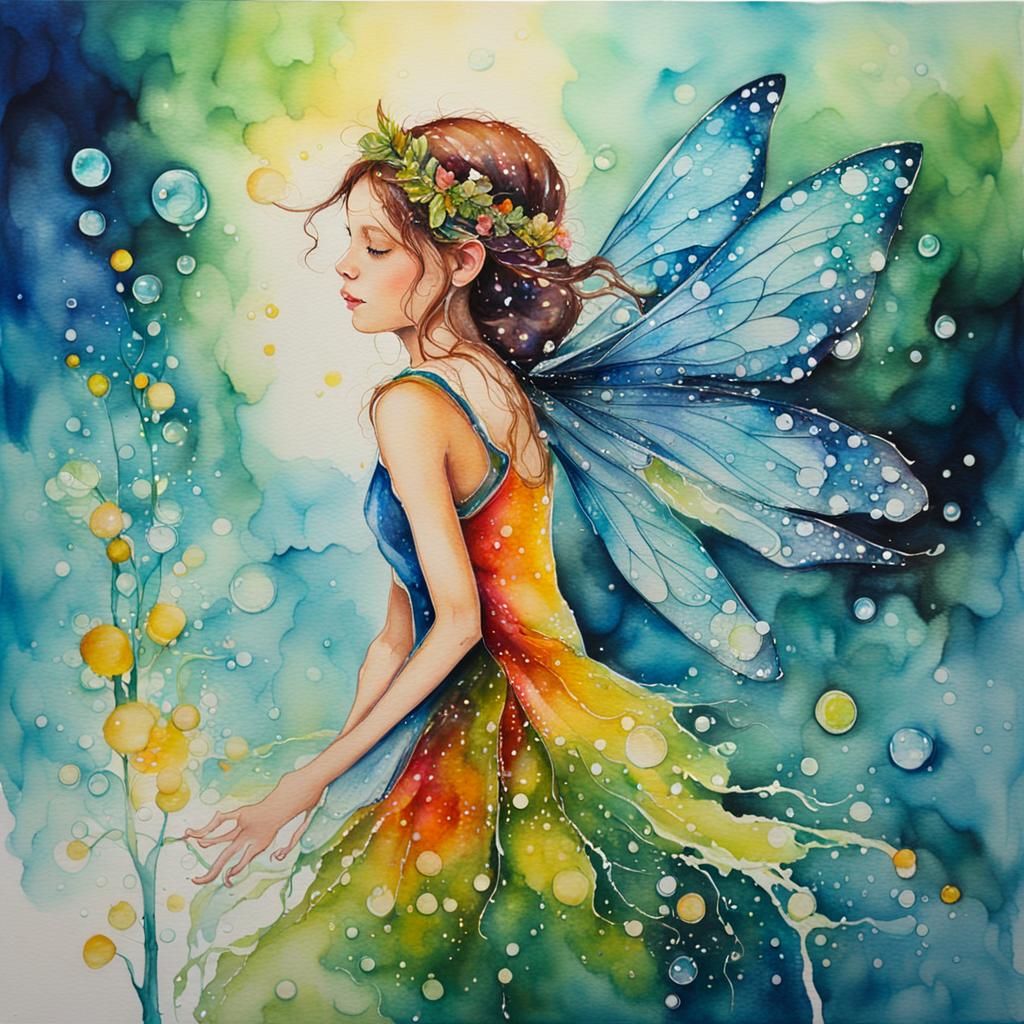 Beautiful fairy, (oil and water) watercolors, fluid acrylics, wet wash ...