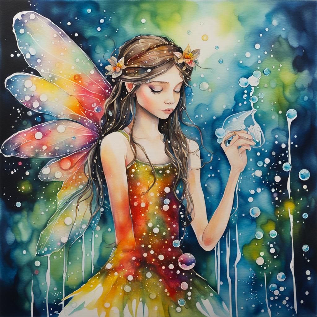 Beautiful fairy, (oil and water) watercolors, fluid acrylics, wet wash ...