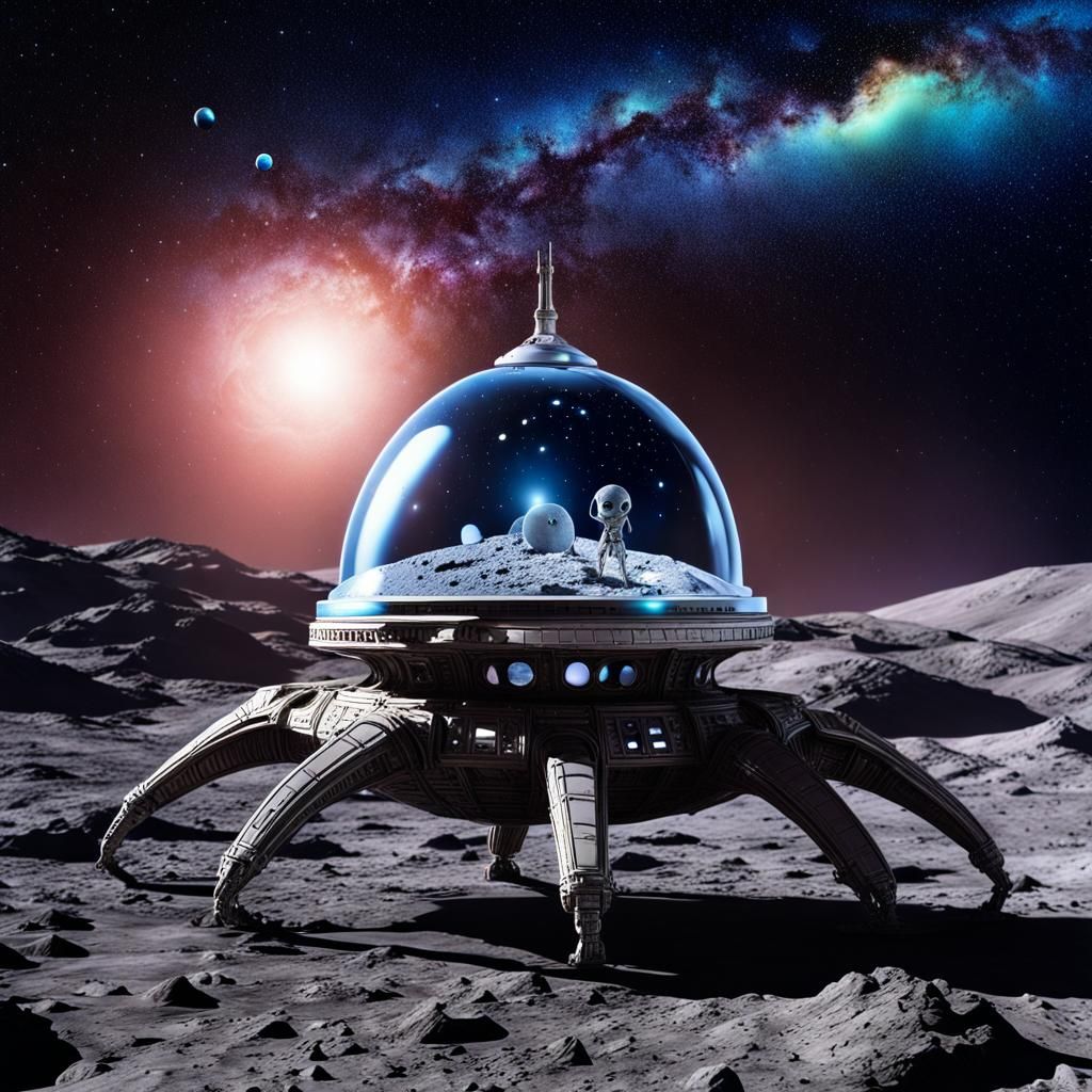 Photograph, sharp, miniature alien spaceship with glass cap with alien ...