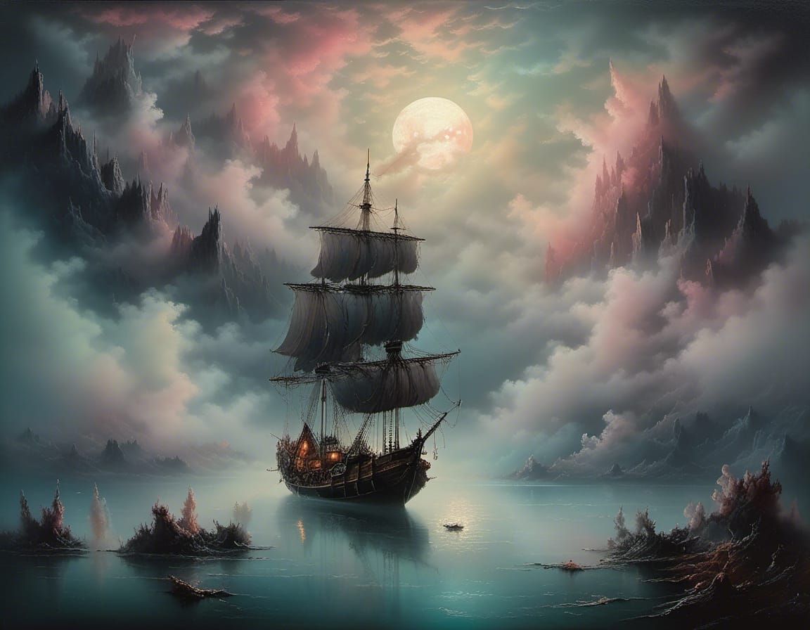 Delicate Detailed Ethereal Whimsical Fantasy boat dissolves into glowing smoke emerging from ...