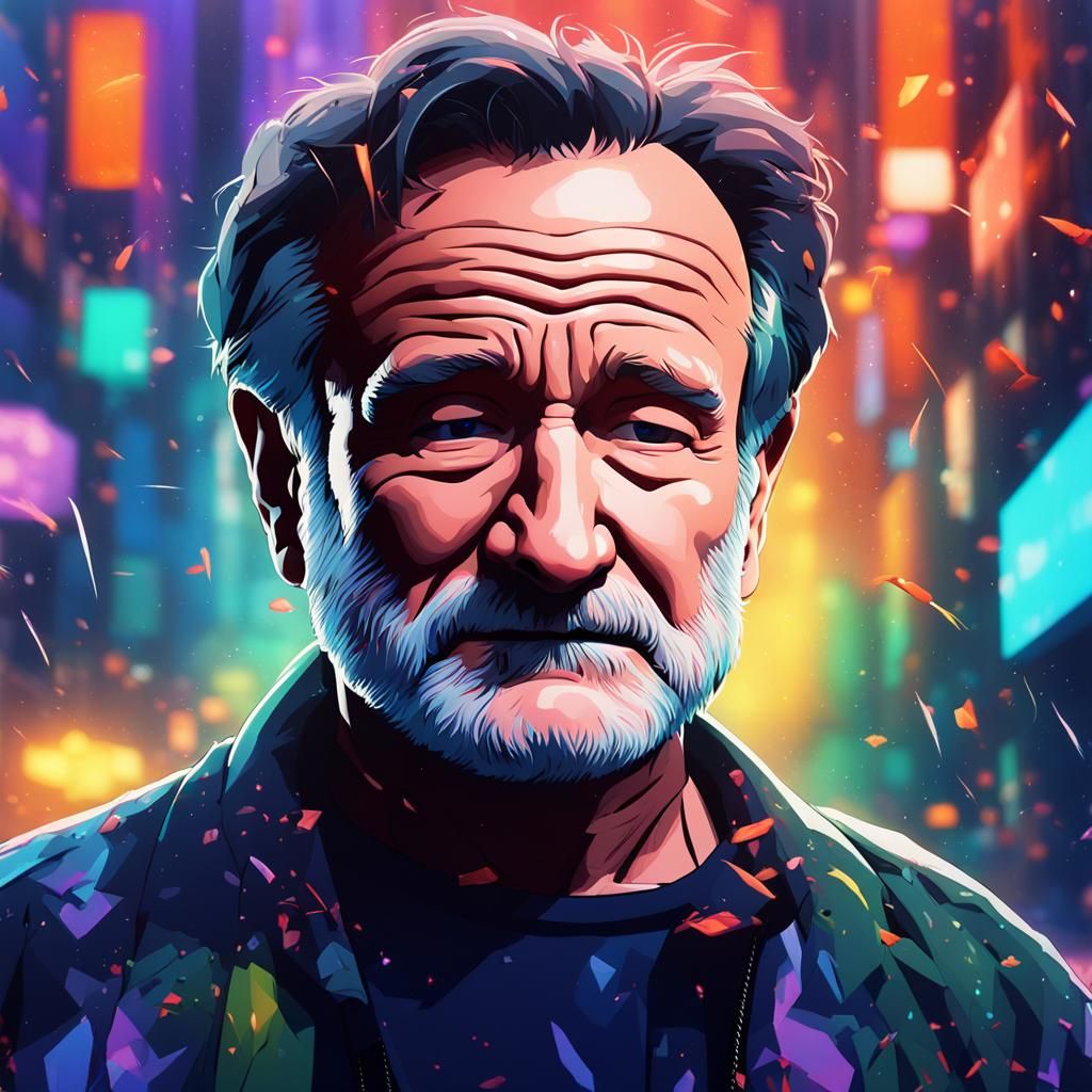 actor robin williams, sad, Cyber Fairy Grunge, oil painting, wide shot ...