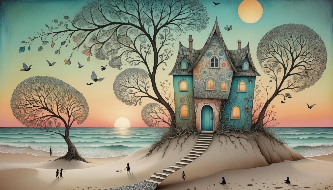 Whimsical, bizarre, twisted, bending beach-holiday-house on a sunset beach