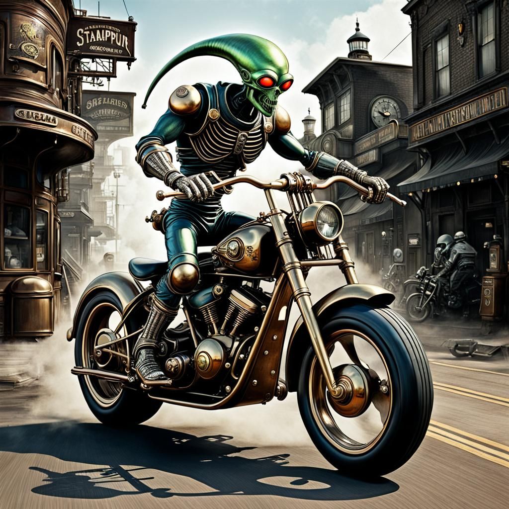 An alien riding motorcycle - AI Generated Artwork - NightCafe Creator