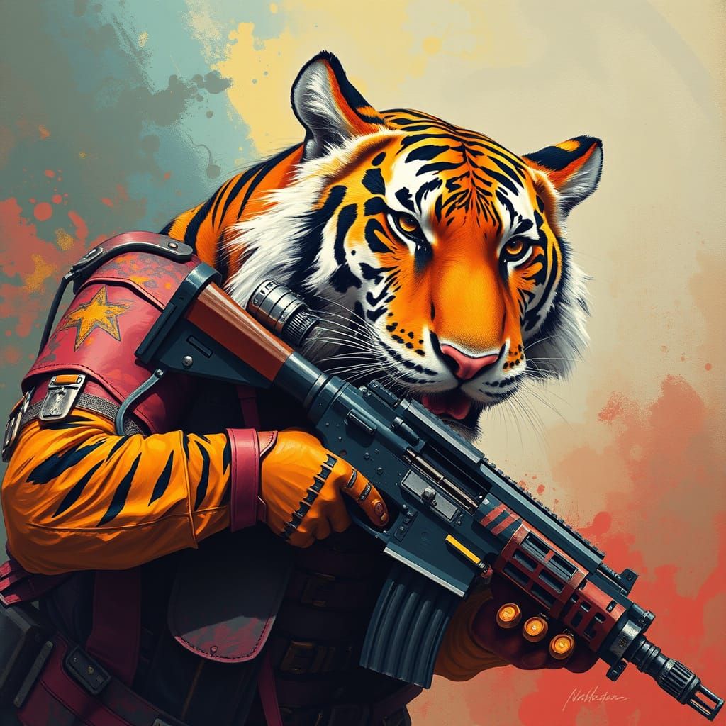 Wild Bold Fauvism sci-fi Tiger soldier armored rifle vibrant realistic